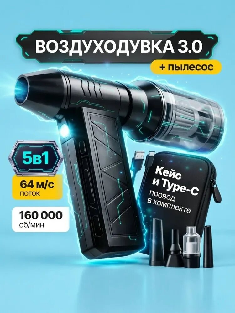 Воздуходувка аккумуляторная мощная, ручной пылесос TURBO 160, 6000 мАч, 5 насадок, 4 режима, c защитным кейсом и TYPE-C