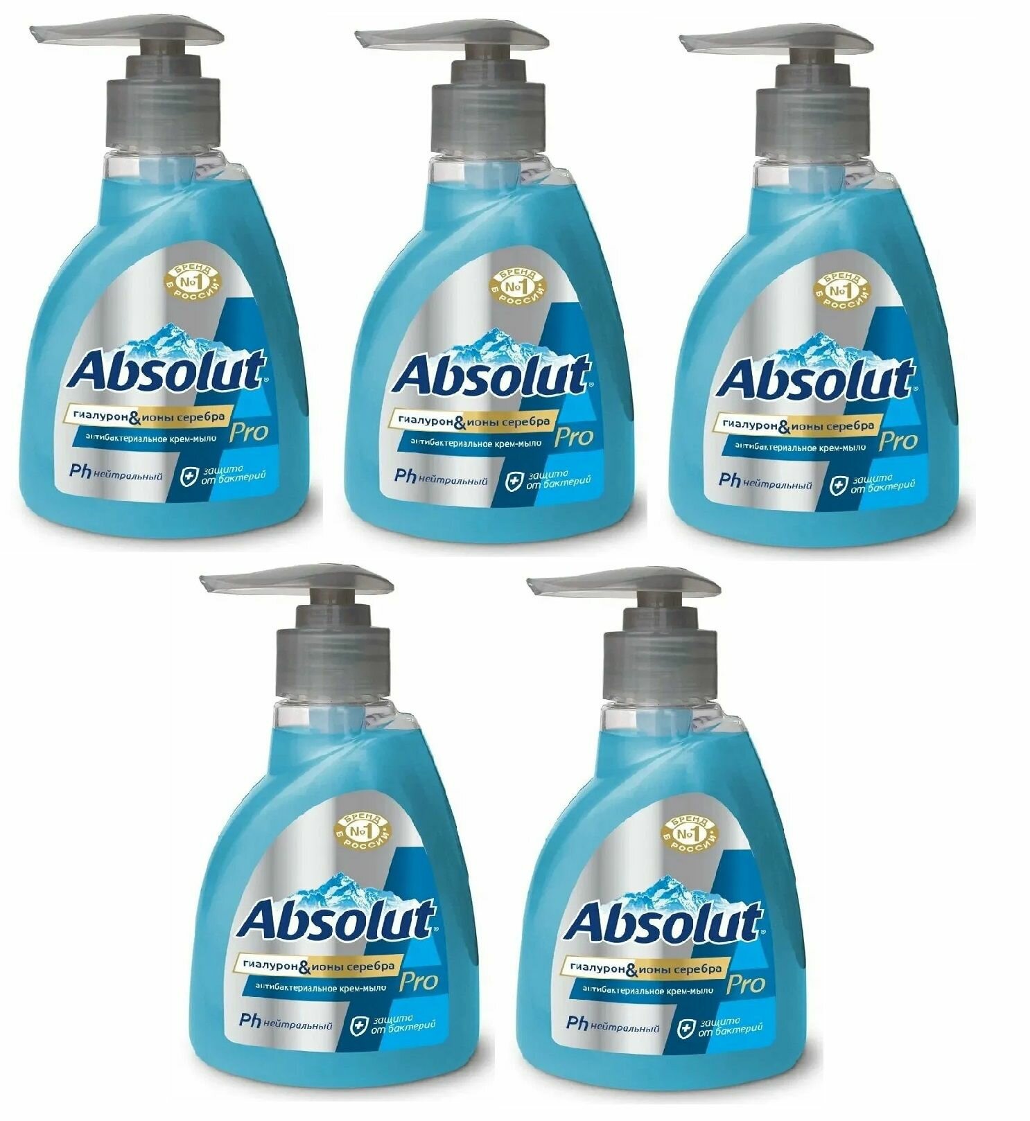 Крем-мыло жидкое Absolut Pro Серебро + гиалурон, антибактериальное 250мл, 5 шт.