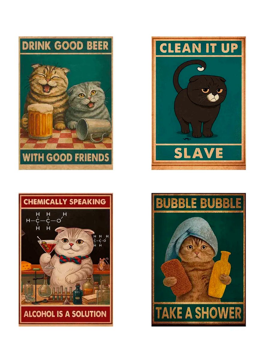 Шотландская вислоухая кошка, Винтажный Стиль н2, 4 Плаката,