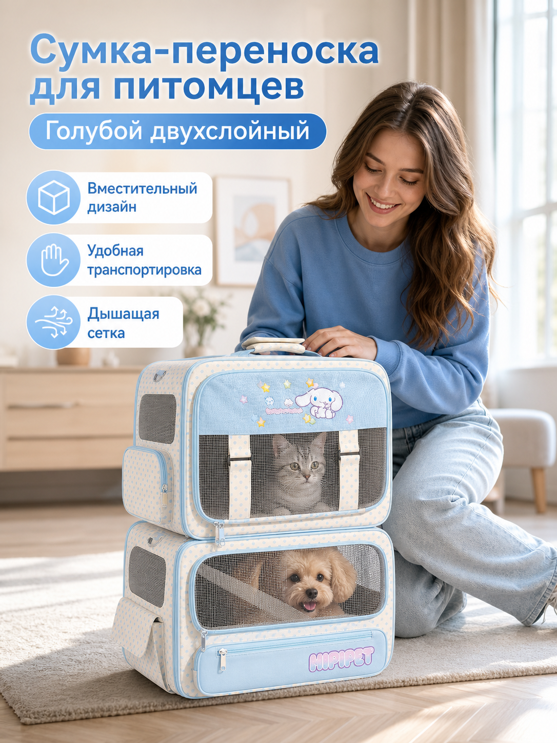 Переноска для кошек и собак синяя с колесами двухслойная