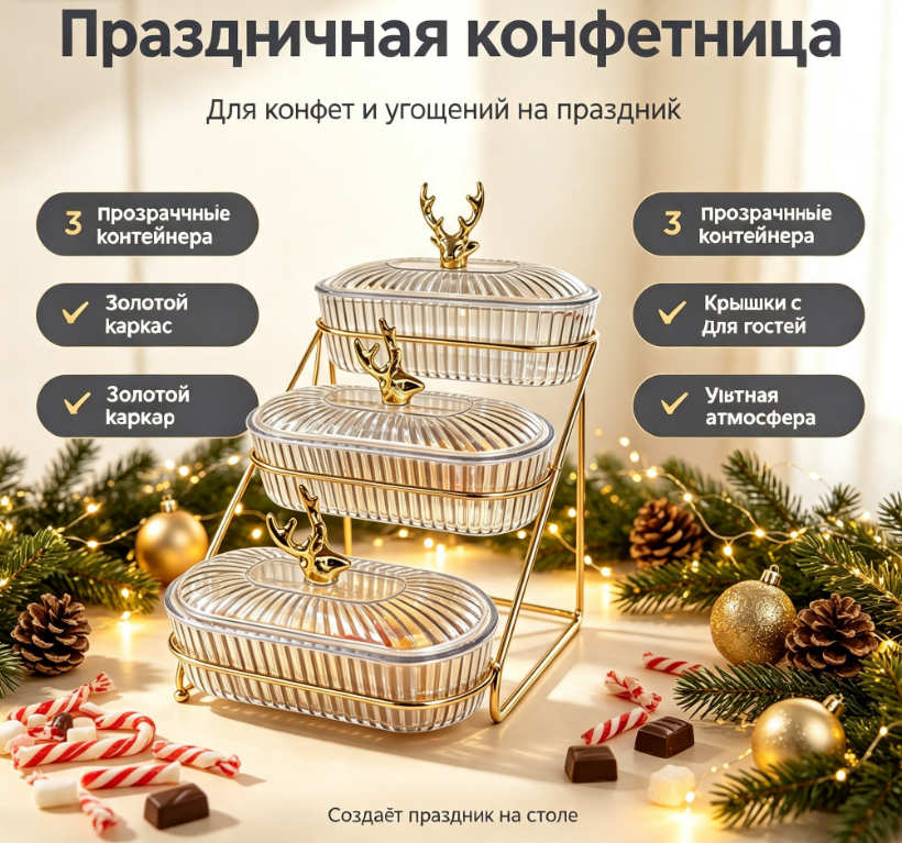 Новогодняя праздничная коробка для хранения конфет и орехов в гостиной, тарелка для демонстрации закусок и