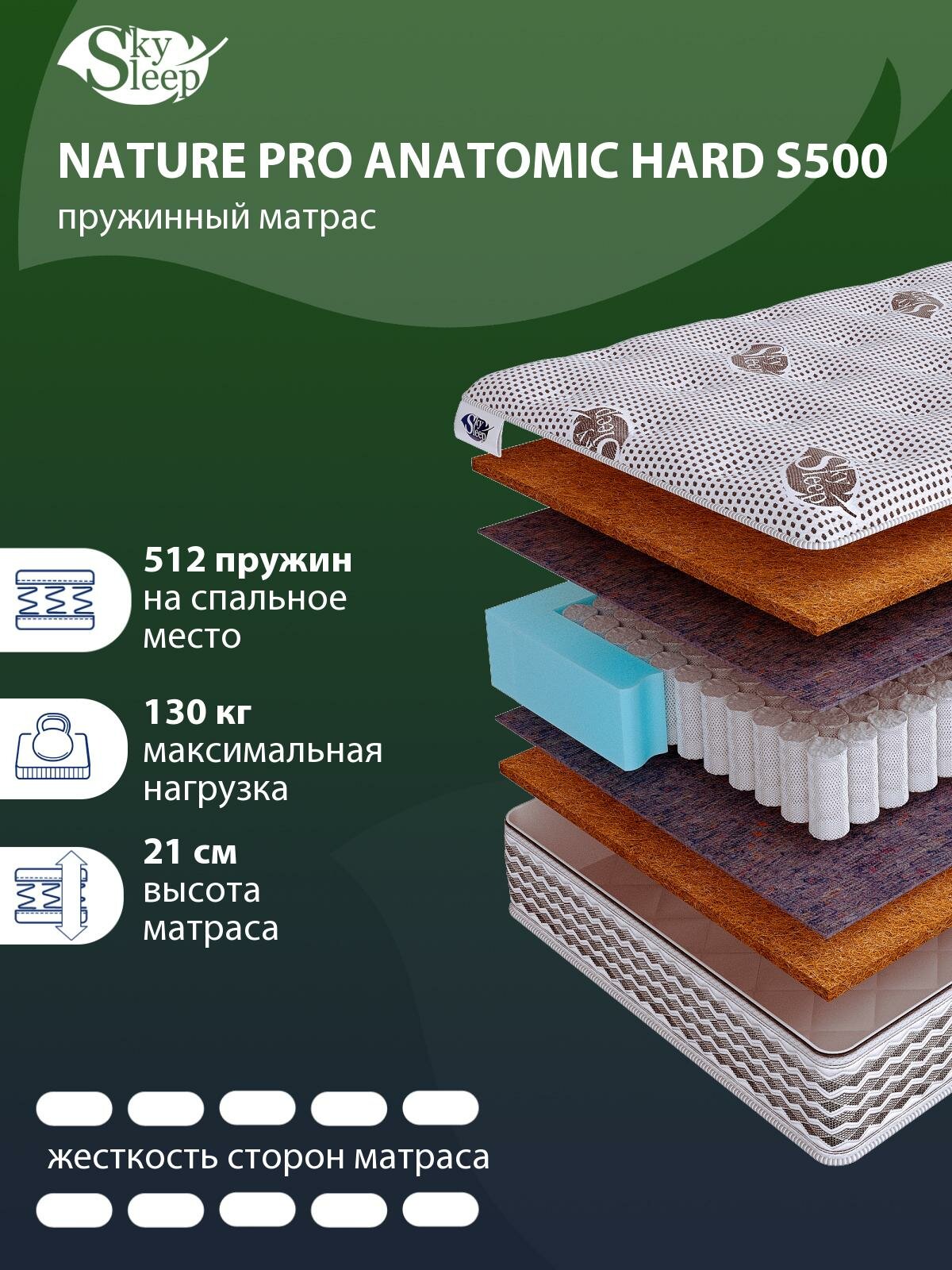 Матрас SkySleep NATURE PRO Anatomic Hard S500 80×200, на независимых пружинах, жёсткий, 21 см