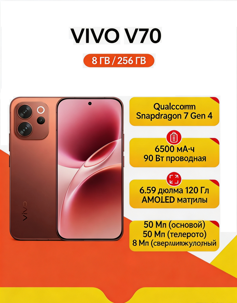 Смартфон vivo V70 5G 8/256 ГБ Snapdragon 7 Gen 4 50+50+8 МП 6500 мАч 90 Вт Ростест (EAC) Красно-коричневый