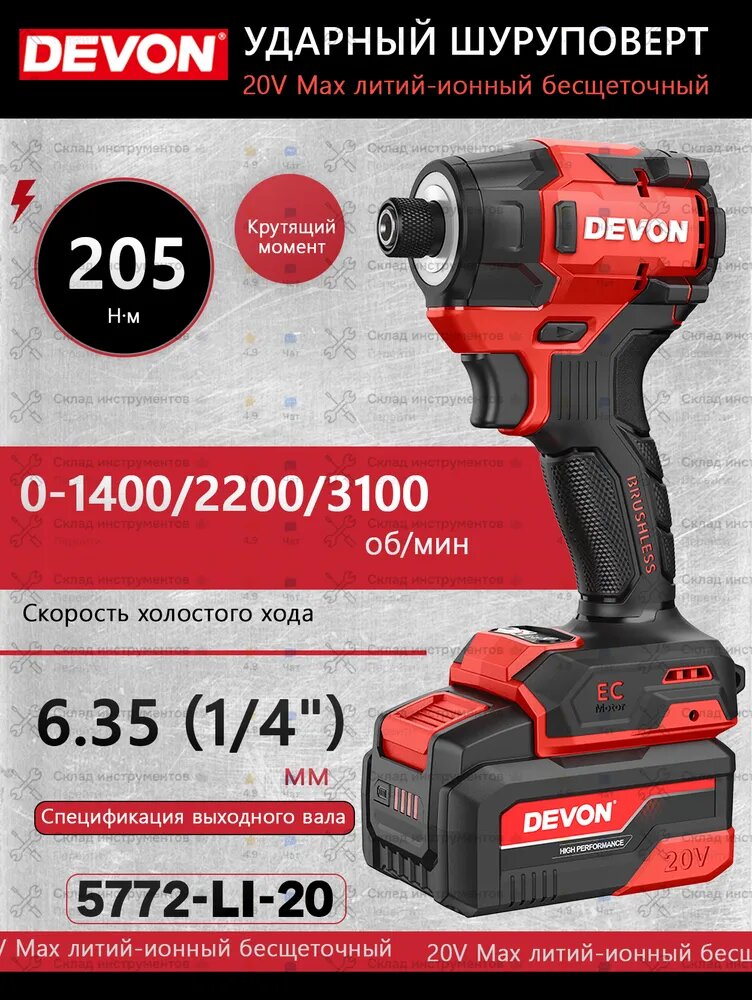 Ударный шуруповёрт DEVON 5772-Li-20 20В Max 205 Нм, 3 скоростями и 4 режимами, Без АКБ и ЗУ