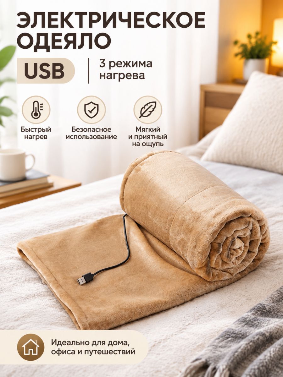 Электропростыня USB с подогревом, 180x80 см, желтый цвет, фланель, 3 режима нагрева, питание от пауэрбанка
