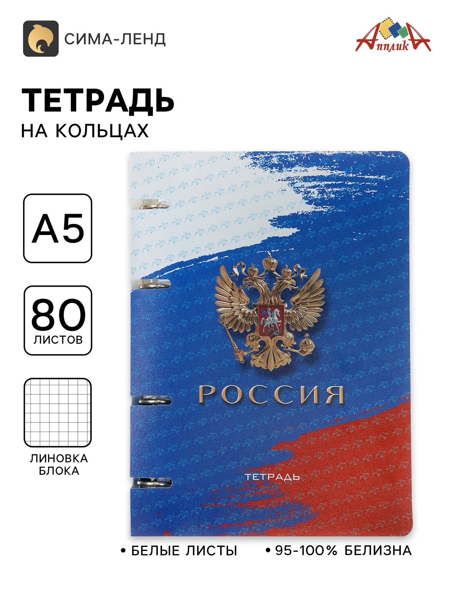 Тетрадь на кольцах A5 «Россия», 80 листов в клетку, вырубка под кольца, сменный блок