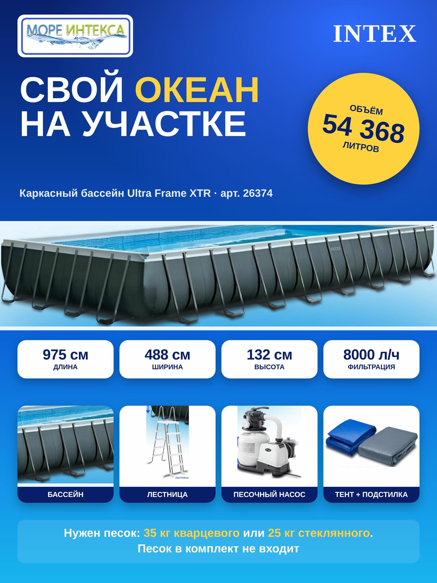 Бассейн каркасный прямоугольный усиленная чаша Ultra Frame 975х488х132см, фильтр-насос, лестница, тент, подстилка, Intex 26374