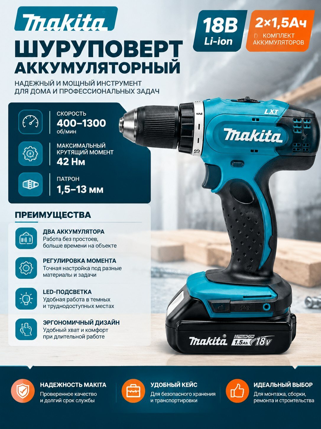 Аккумуляторная дрель-шуруповёрт Makita DDF453SYE, 18В, 2 АКБ, кейс