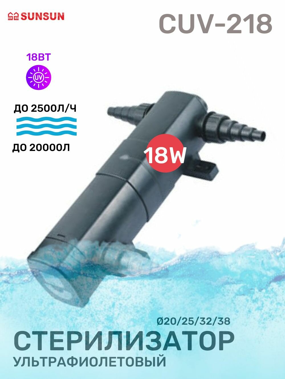 Стерилизатор для аквариума Sunsun UV 18W, UV-18W, до 2500л/ч для пруда до 200000л