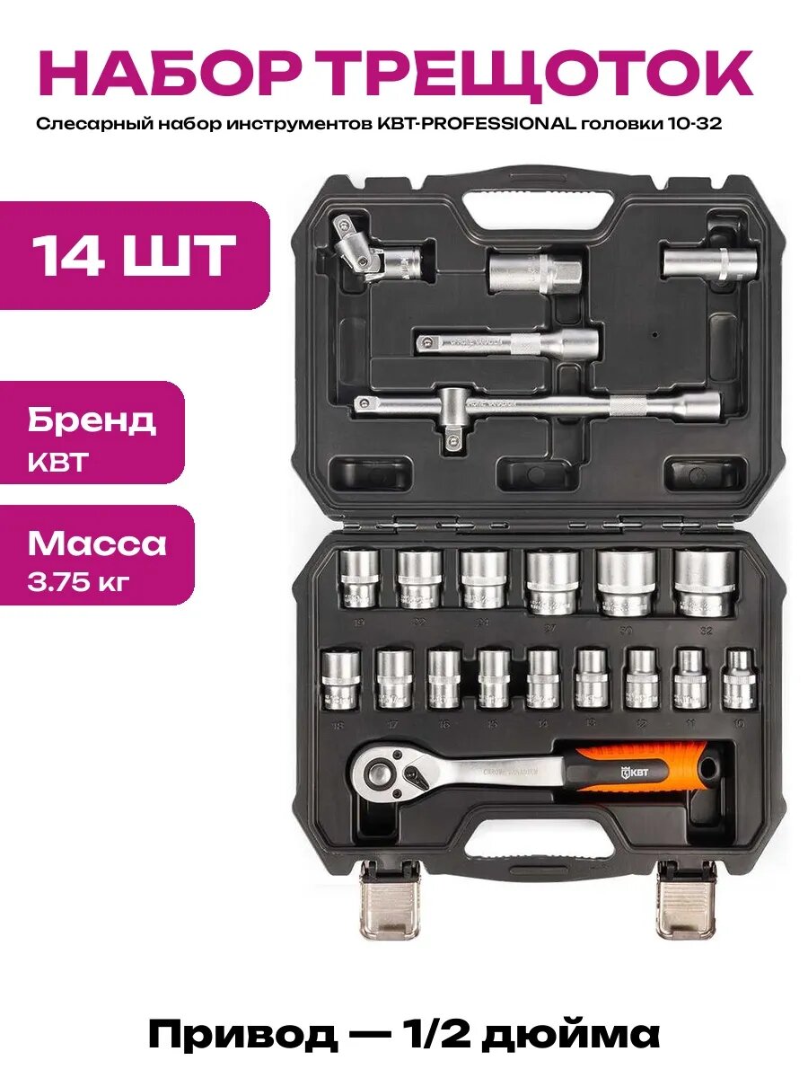 Набор головок с трещоткой 72 зуба KBT-PROFESSIONAL 1/2 дюйма