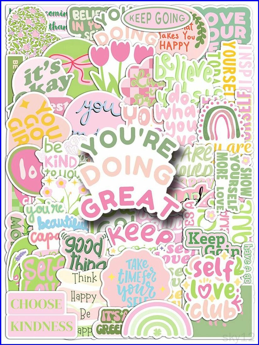 50 милых наклеек с мотивирующими надписями на английском в нежно-розово-зелёной гамме для украшения- веселые стикеры для детей и взрослых