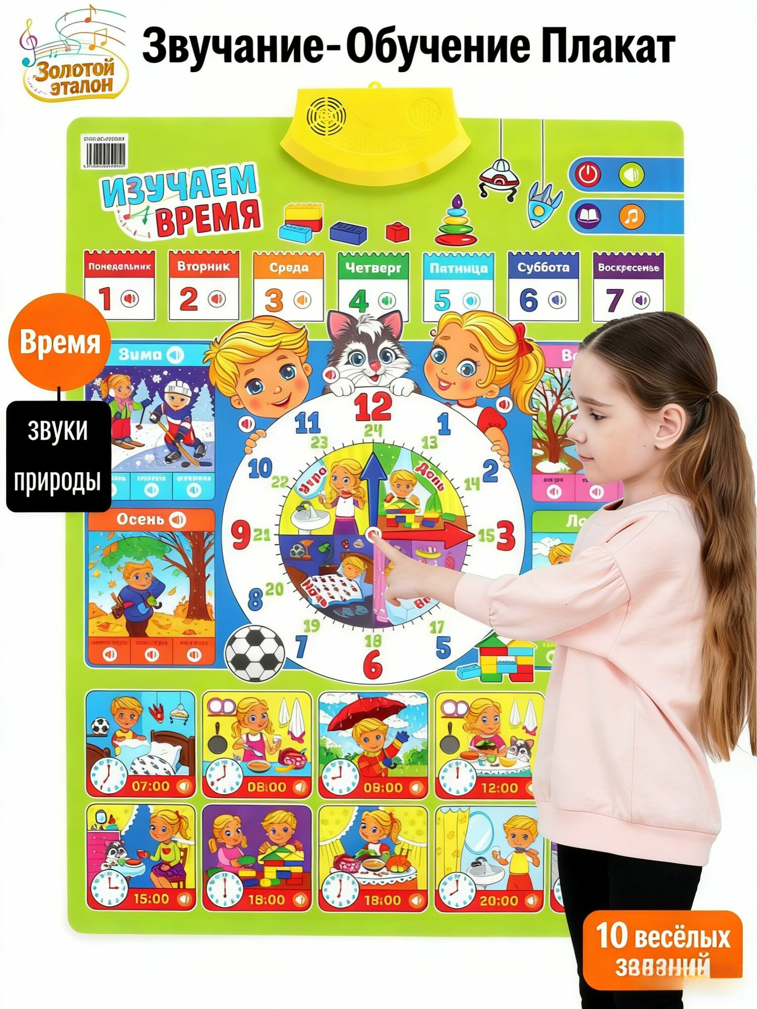 Обучающий интерактивный плакат "Время" / Музыкальный говорящий планшет на стену для малышей