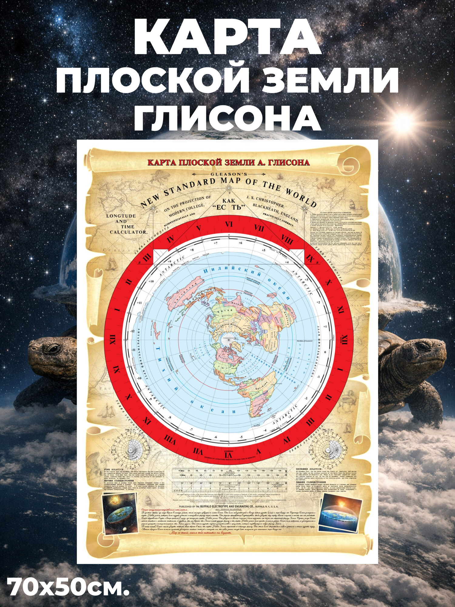 Карта Мира Плоской Земли (азимутальной проекции А. Глиссона) 70х50 см в Русской редакции