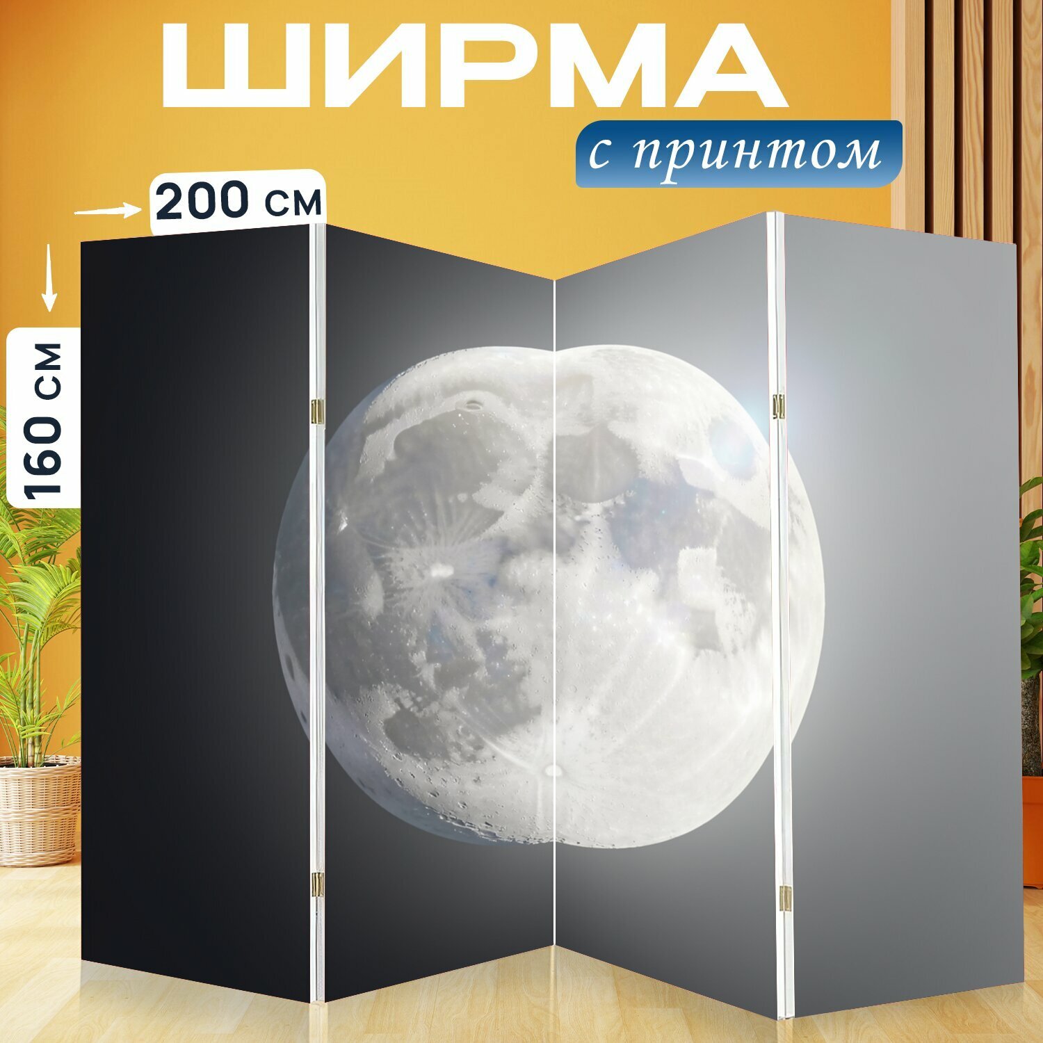 Ширма "Полная луна в космосе. Светящийся лунный диск с детализированными кратерами и холодным серебристо-белым." перегородка для зонирования комнаты с принтом 200x160 см. на холсте