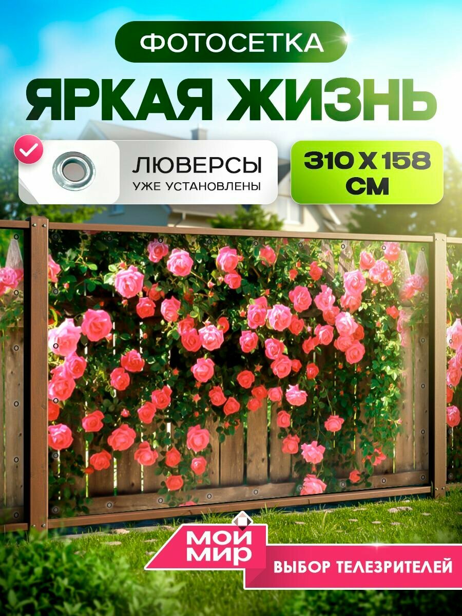 Фотосетка для забора, беседки, веранды, фасада "Яркая жизнь"/ Баннер на забор с рисунком "Розовые розы" 310х158 см