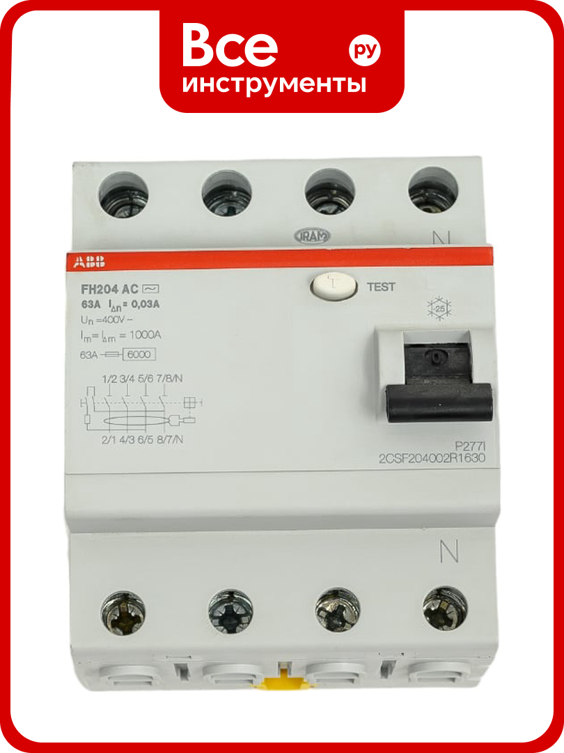 Выключатель дифференциального тока ABB FH204 AC‑63/0,03 2CSF204002R1630, установка на DIN‑рейку, защита от утечки токов