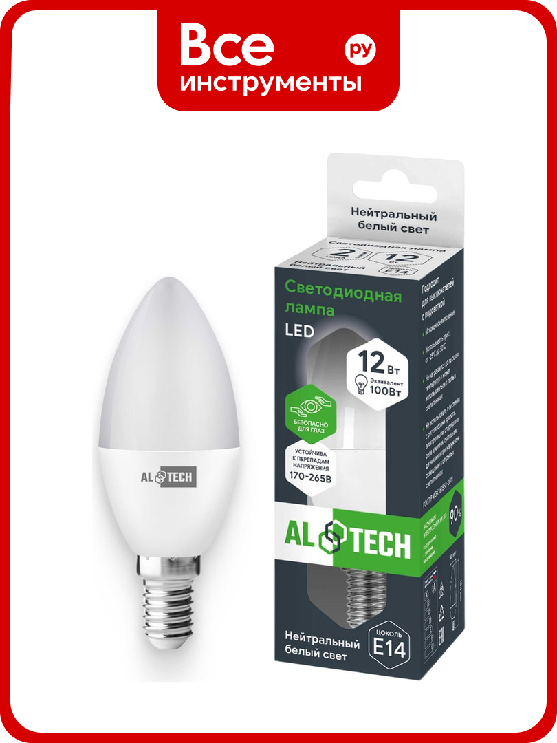 Лампочка светодиодная ALTECH LED С35-12W-840-E14 12Вт свеча нейтральный белый свет 4673758070111