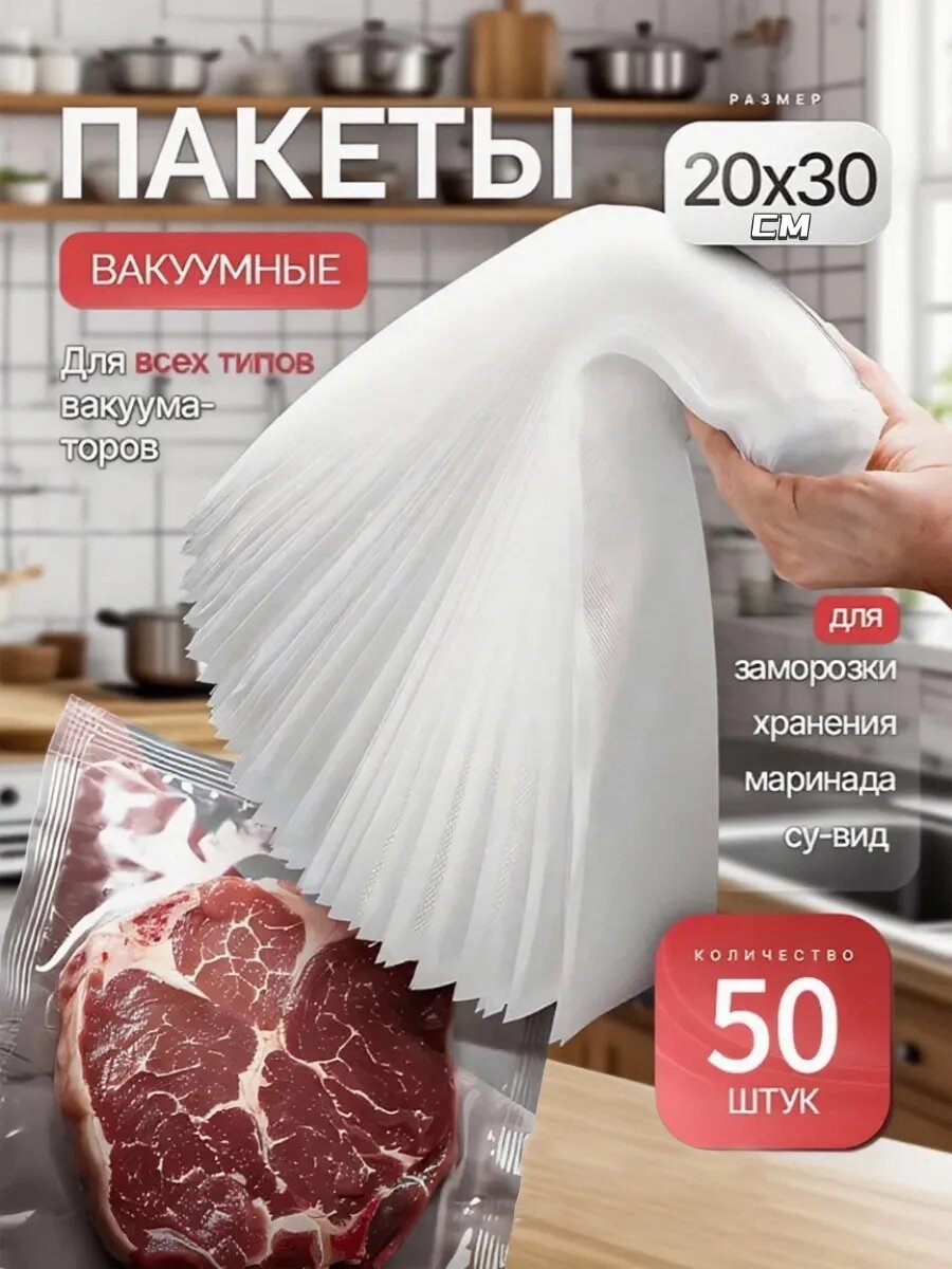 Пакеты для вакуумирования, для холодильника, 20x30 см, бесцветные, 50 штук