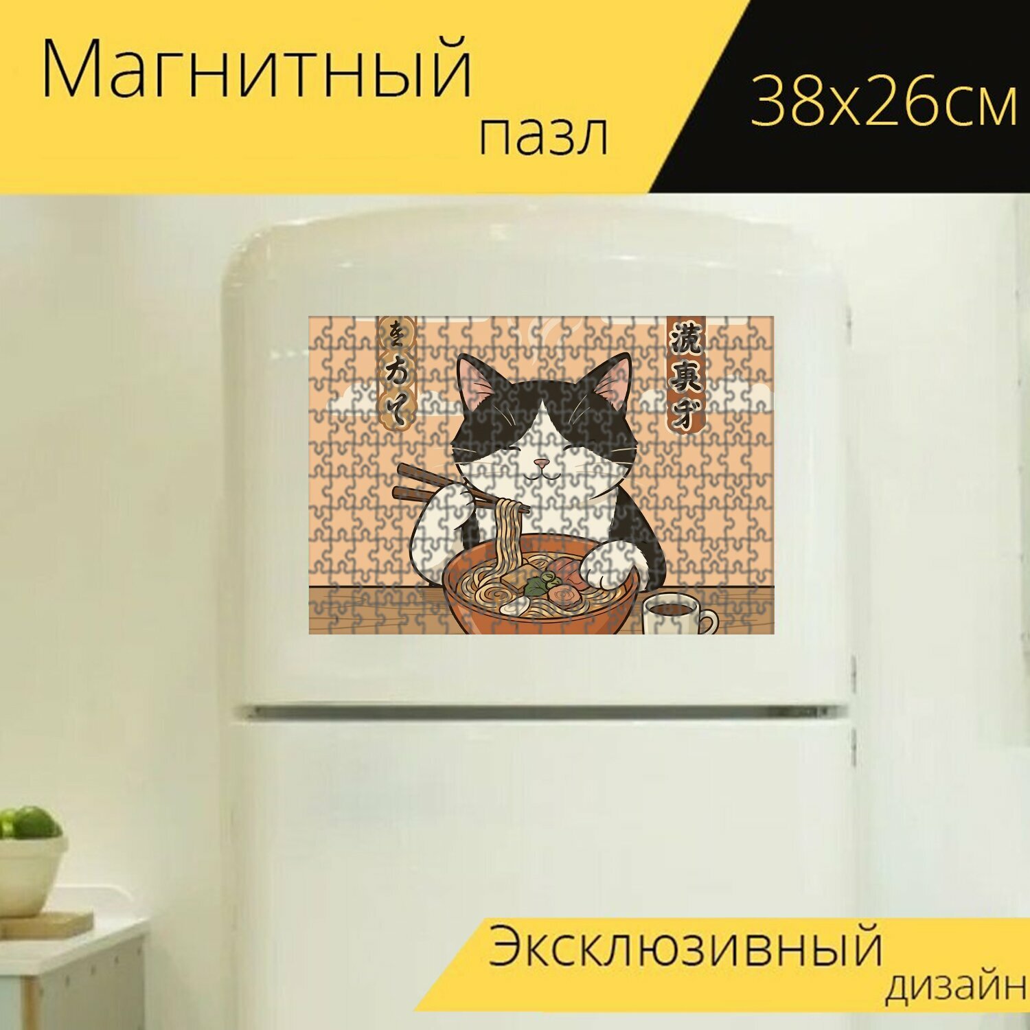 Магнитный пазл "Кот с лапшой и чашкой чая. Милый черно-белый кот за столом ест лапшу палочками, рядом чашка горячего напитка. Японский стиль." для интерьера, 38х26 см.