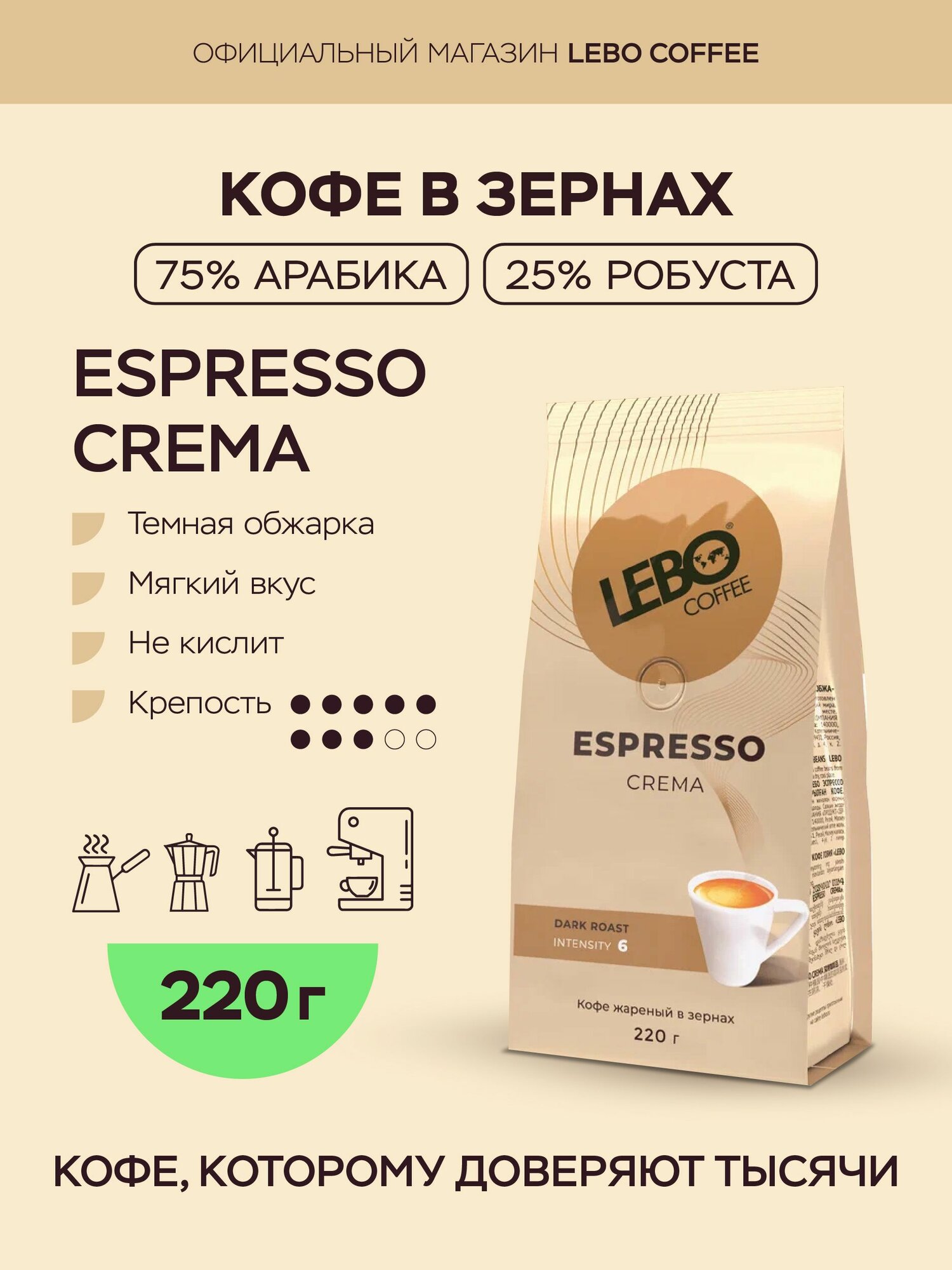 Кофе в зернах Lebo ESPRESSO CREMA арабика 75%, робуста 25% , 220 г