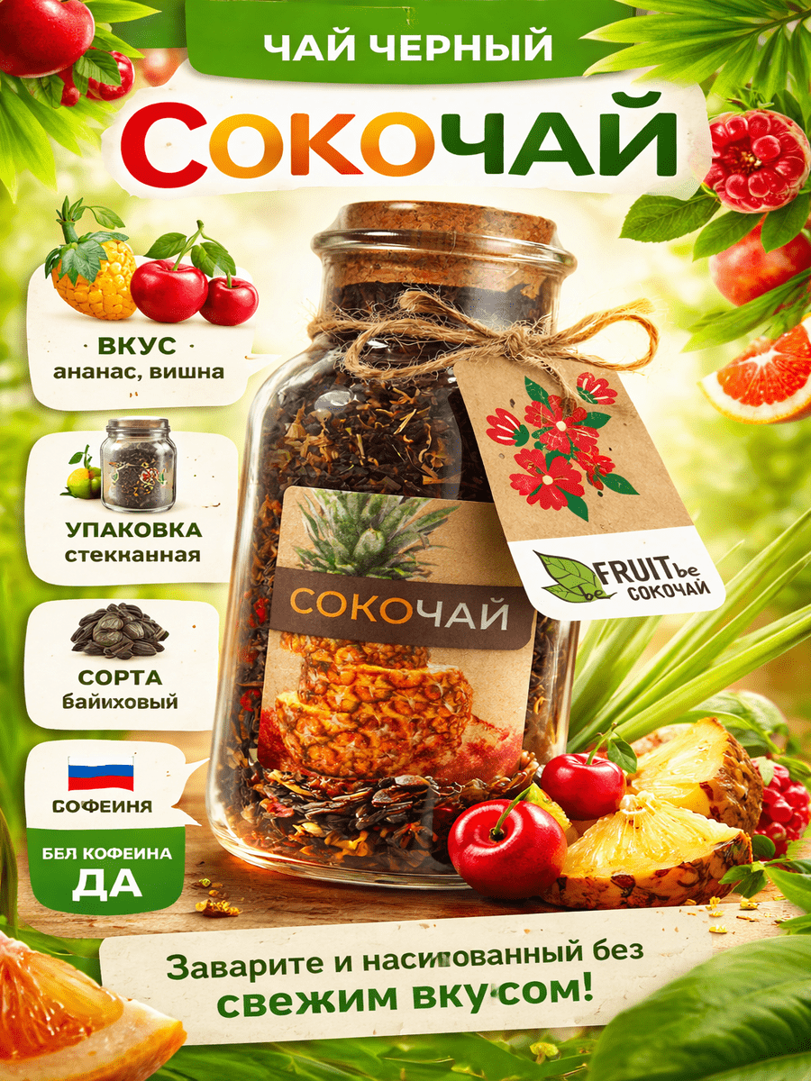 Чай черный Befruitbe Сокочай с ананасом, вишней, гранатом и лемонграссом, 130г