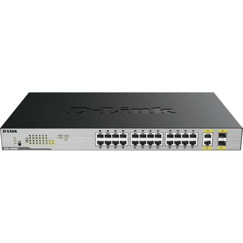 D-Link DGS-1026MP/B2A Неуправляемый коммутатор с 24 портами 10/100/1000Base-T, 2 комбо-портами 100/1000Base-T/SFP (24 порта PoE 802.3af/at, PoE-бюджет