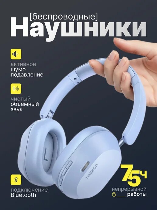 Беспроводные наушники с активным шумоподавлением UGREEN HiTune Max 5C, Голубые, LDAC, BT 5,4, 75 часов работы, Гарантия