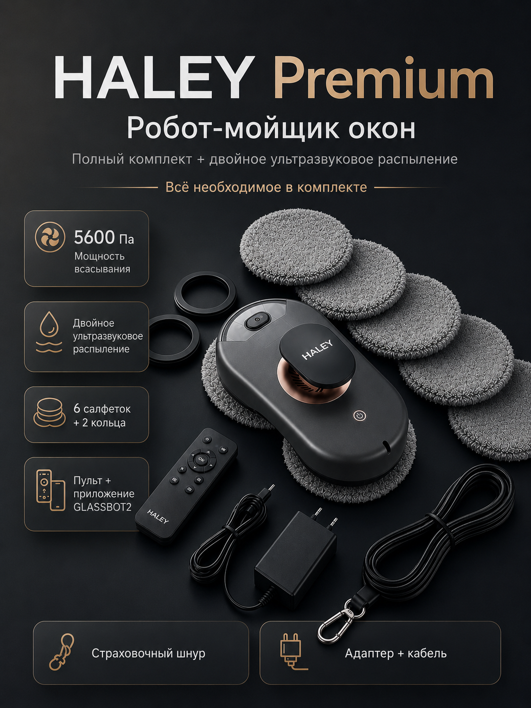 Робот-мойщик окон с двойным распылением 5600 Па, автоматический стеклоочиститель
