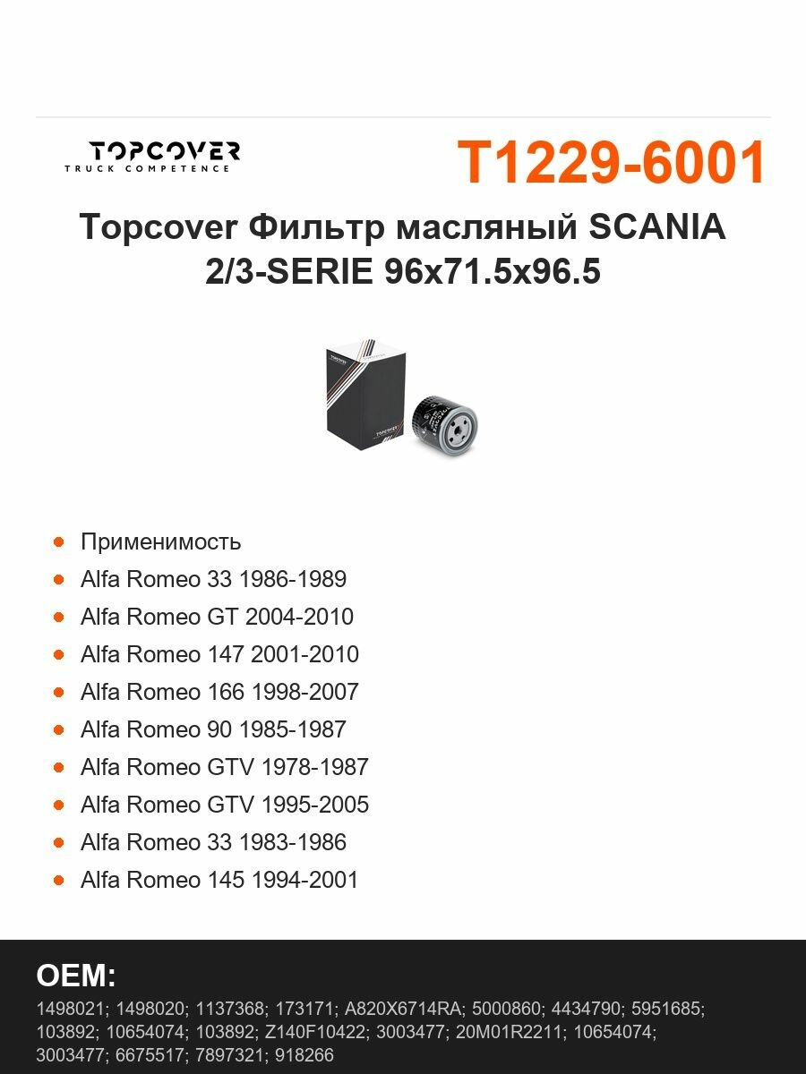 Topcover Фильтр масляный SCANIA 2/3-SERIE 96x71.5x96.5
