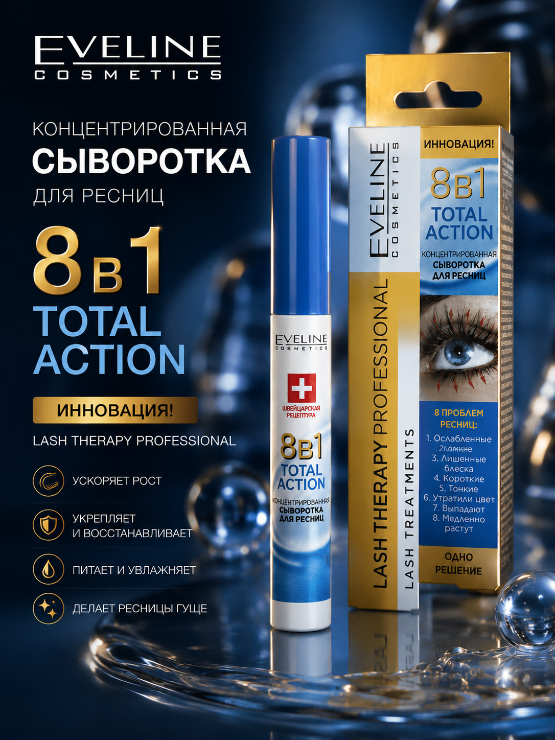 EVELINE Сыворотка для ресниц концентрированная LASH THERAPY PROFESSIONAL 8 в 1 TOTAL ACTION