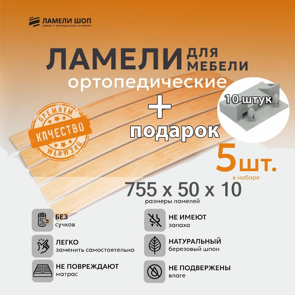 Ламель мебельная 755/50/10 5 шт, упорный держатели в наборе 10 шт