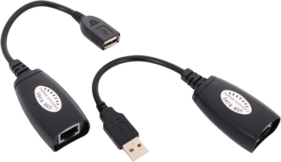 Адаптер удлинитель USB по витой паре VCOM с USB A (M) на RJ45 и USB A (F) на RJ45 до 45 метров чёрный (CU824)