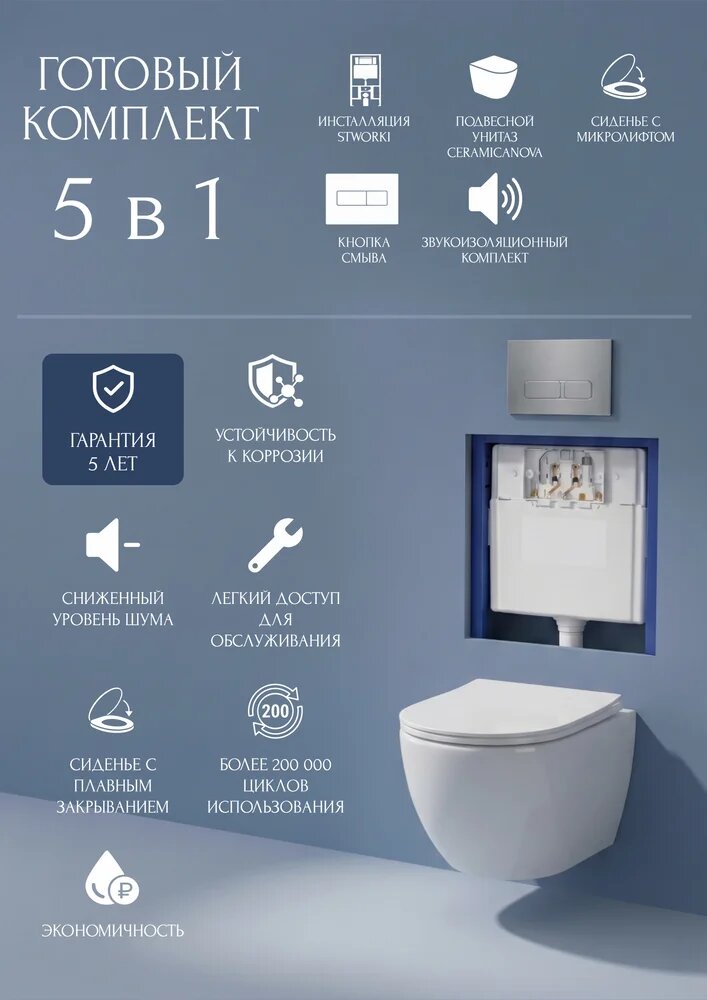Комплект 5 в 1 Унитаз подвесной Ceramicanova Мия (Mia) CN1805 / Инсталляция с кнопкой STWORKI Кронборг S28500CR / Крышка-сиденье, Комплект шумоизоляции
