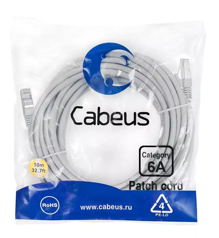 Патч-корд S/FTP кат.6A PC-SSTP-RJ45-Cat.6a-10m-LSZH 2хRJ45/8p8c экранир. LSZH (10G) 10м сер. Cabeus 7906c