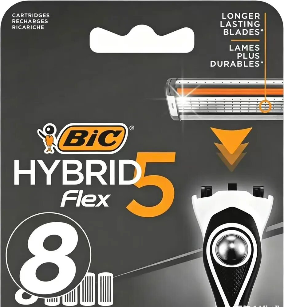 Сменные кассеты для бритвы BIC Hybrid 5 Flex (4 шт.) (5 лезвий), 5 титановых лезвий с нанотехнологией, широкая смазывающая полоска, обогащенная витамином E (4 x 2), 8 шт.