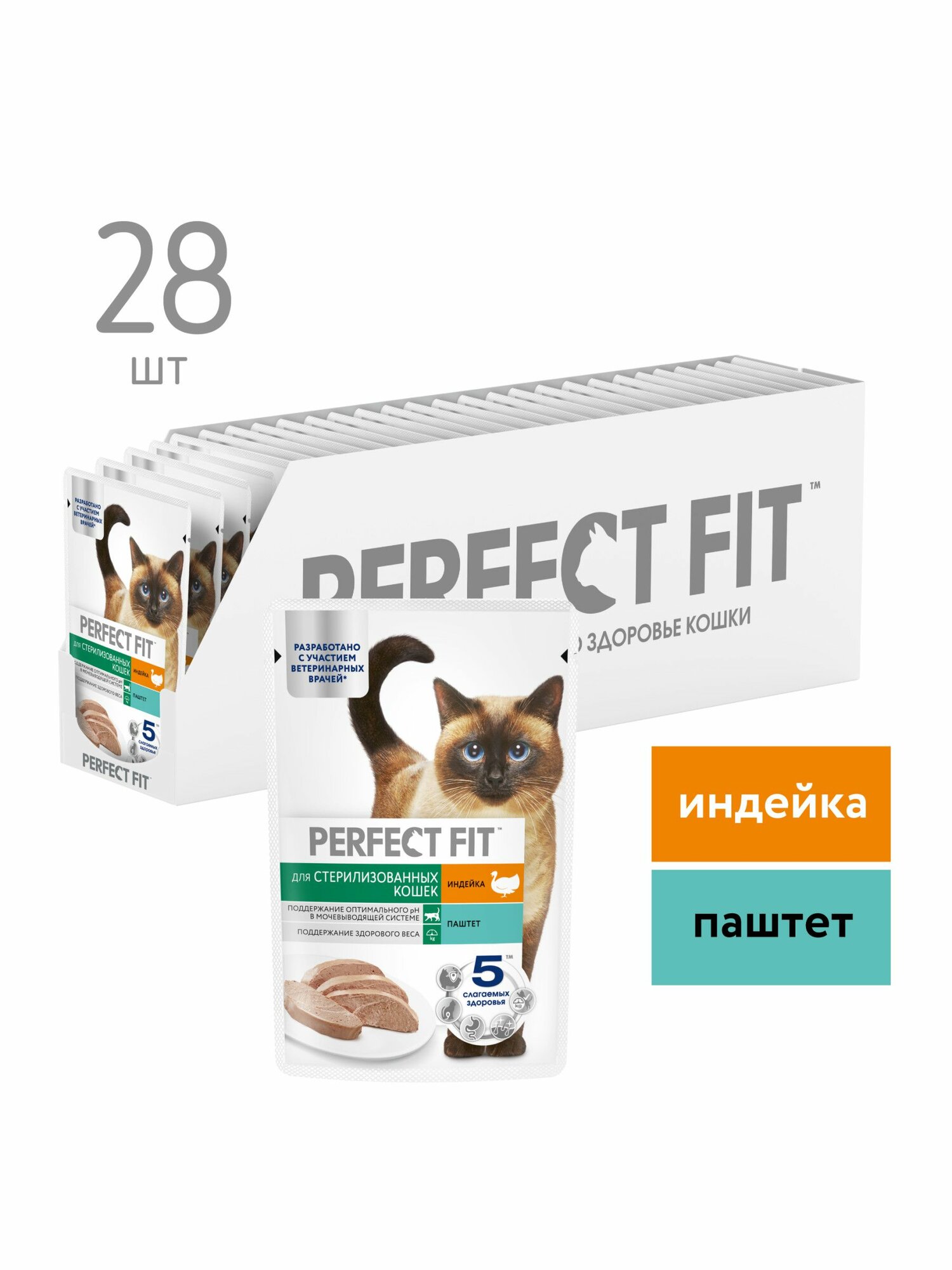 Влажный корм для стерилизованных кошек Perfect Fit полнорационный паштет с индейкой 28 шт х 75 г