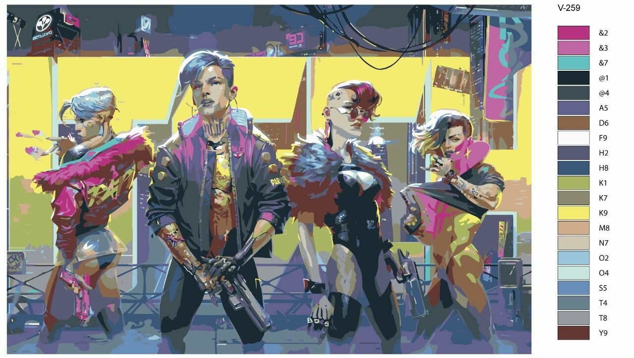 Картина по номерам V-259 "Киберпанк Cyberpunk 2077. Банда Шельмы", 60x90 см