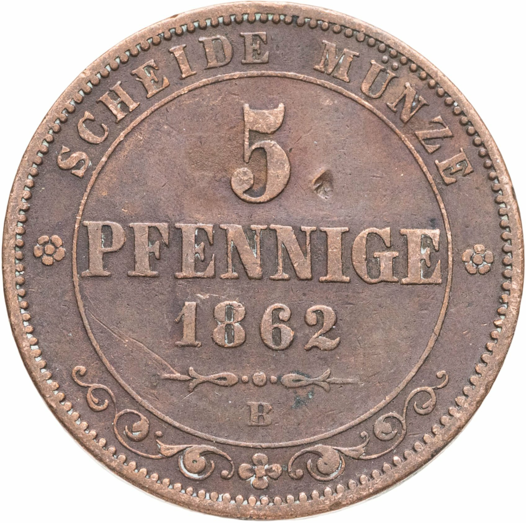 Германия, Саксония 5 пфеннигов 1862, Медь, в сохранности VF-XF