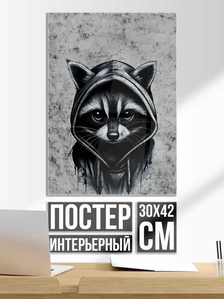 Постер на стену Милый енот в капюшоне
