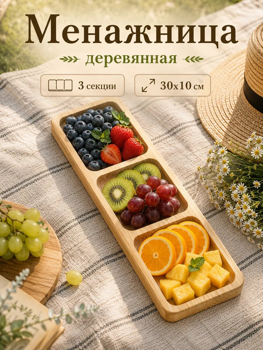 Менажница деревянная Доляна, 30×10×1,8 см, 3 секции, берёза, прямоугольная