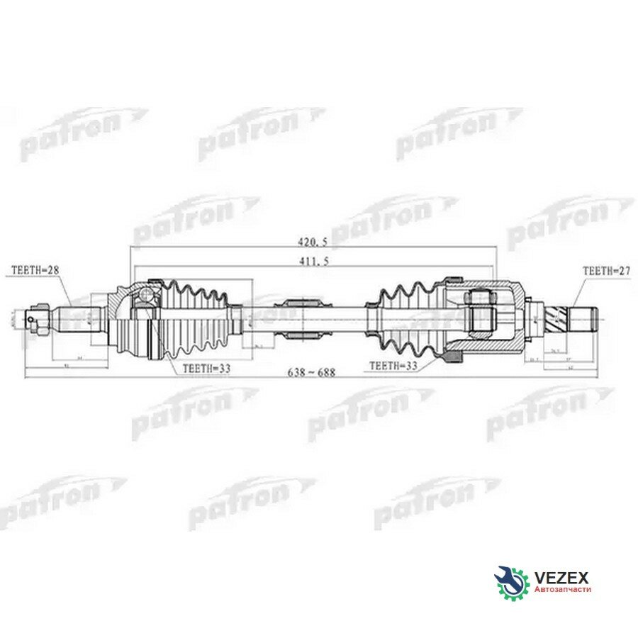 PATRON PDS2033 Полуось лев DODGE CALIBER 07-09 \ JEEP COMPASS 07-09, PATRIOT 07-09