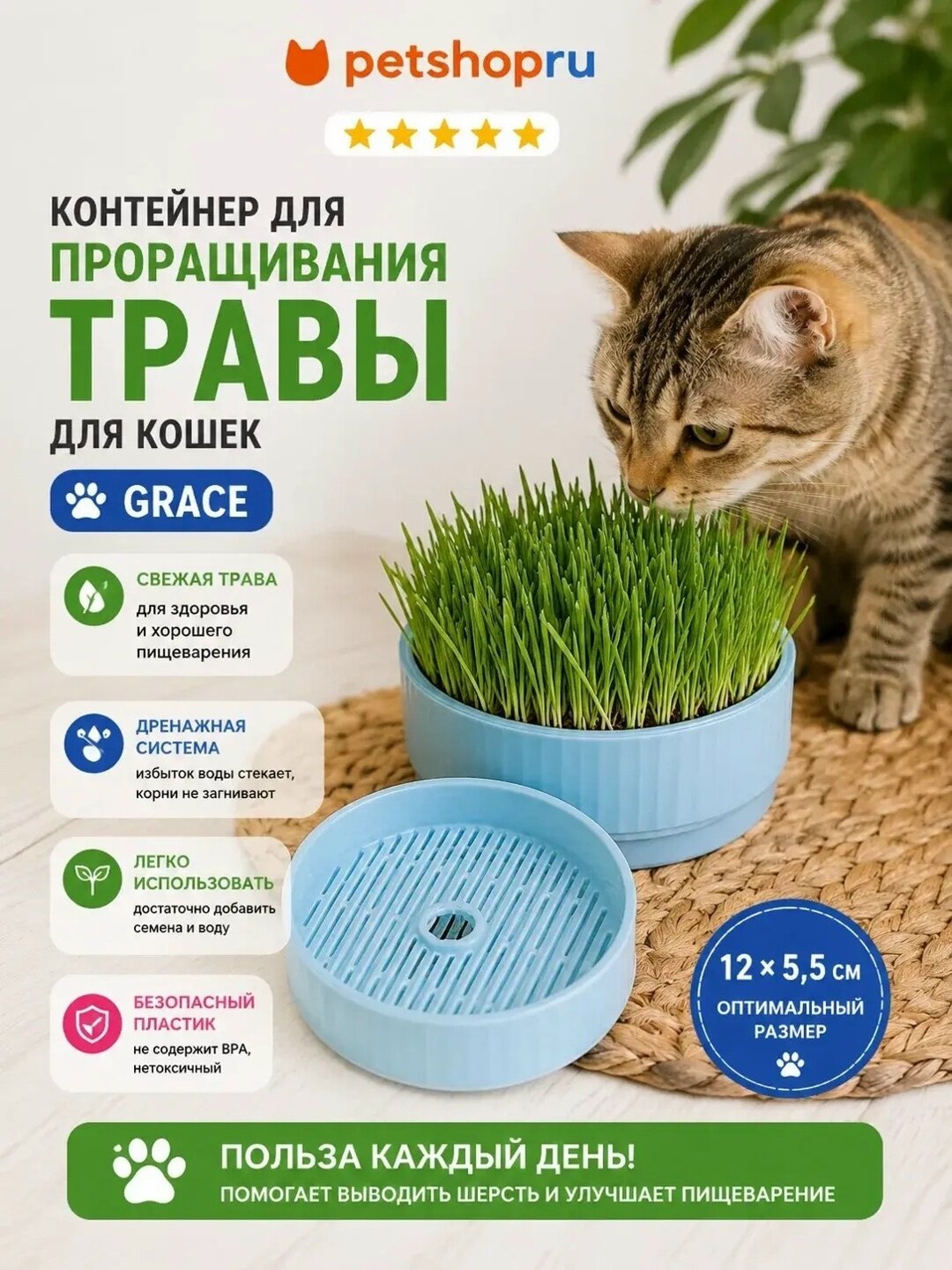 PETSHOP Контейнер для проращивания травы для кошек "Грейс", 12*5,5 см