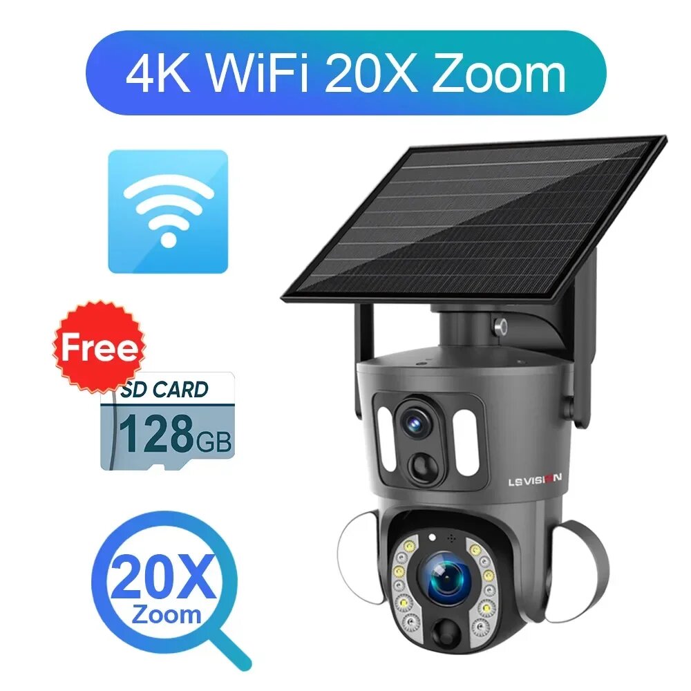 Камера наблюдения LS VISION 4K 4G/WiFi Solar Camera Outdoor с 20-кратным оптическим зумом, двойным экраном, двойным ПИР-обнаружением, автоматическим трекингом и ПТЗ