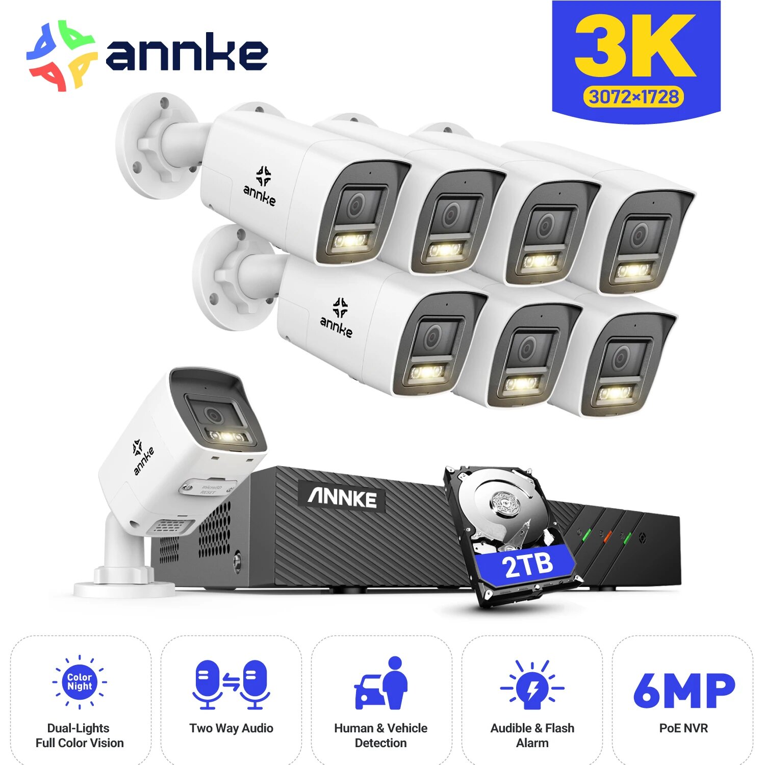 Annke H500 8CH 3K ИК Ультра HD IP PoE Камера Двойной Свет Наружная PoE Камера Безопасности 265+ Двуусторонний Аудио Объектив 2.8MM Человек и Транспортное Средство