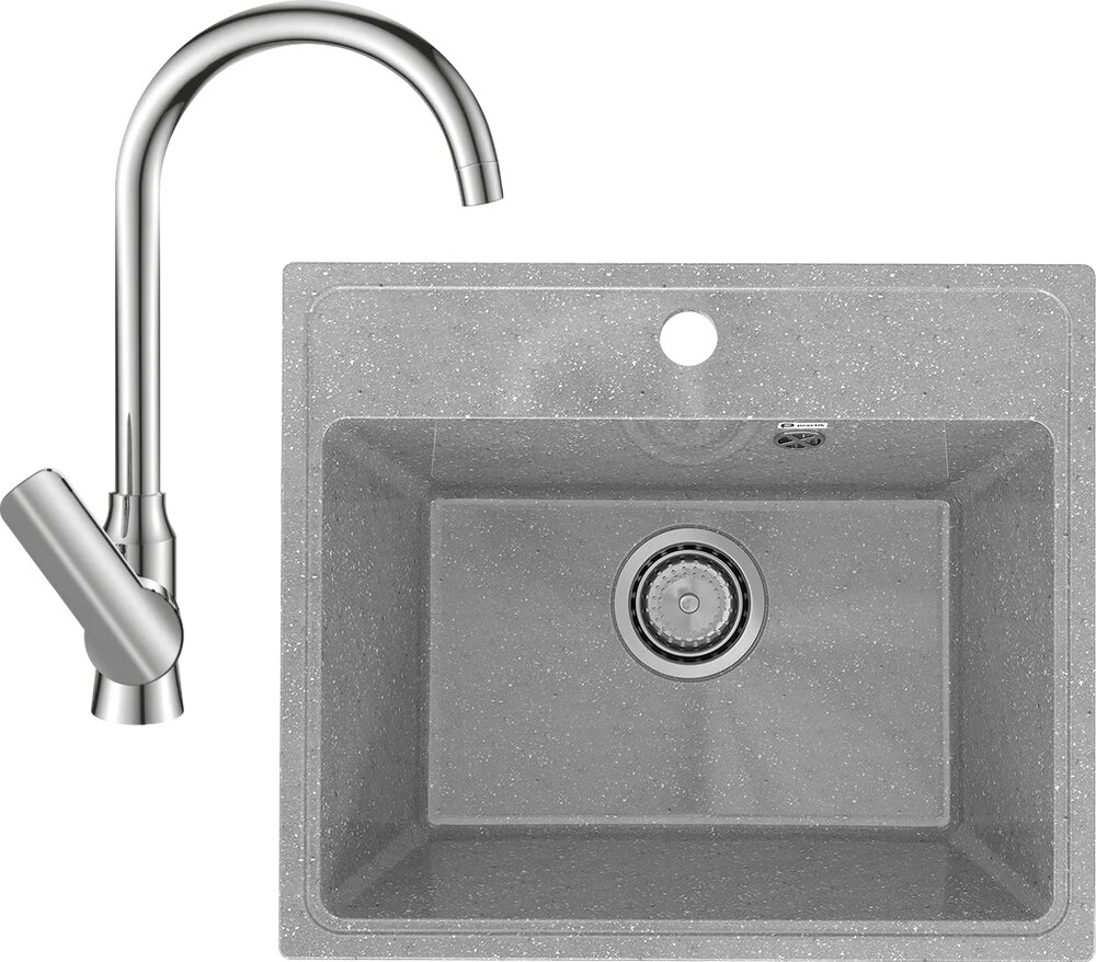 Комплект Мойка Practik PR-M 490-003 49x42, светло-серая, искусственный мрамор / Смеситель Lava SG07 CR глянцевый хром, глянцевый хром