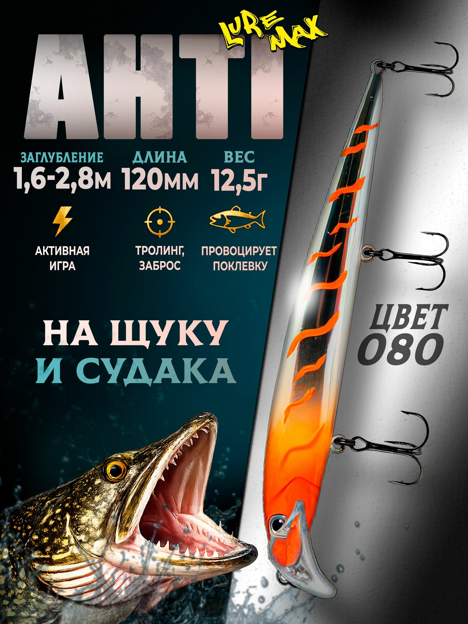Воблеры для рыбалки LureMax AHTI 120FMDR-080, 12,5 г, воблер на щуку, для троллинга, плавающий