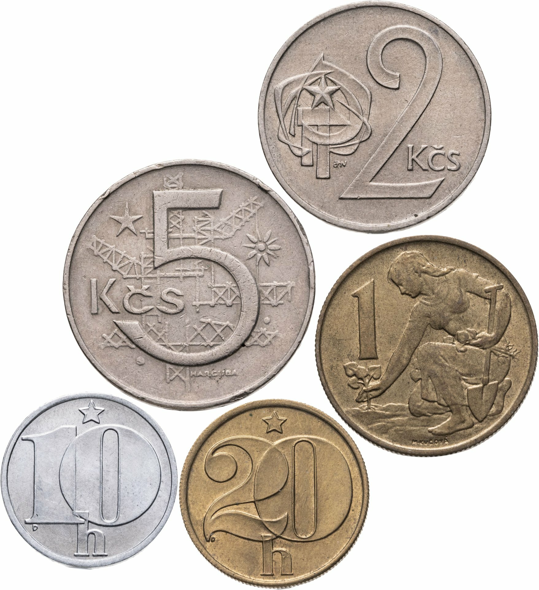 Чехословакия набор из 5 монет 1968-1990, Латунь, в сохранности XF