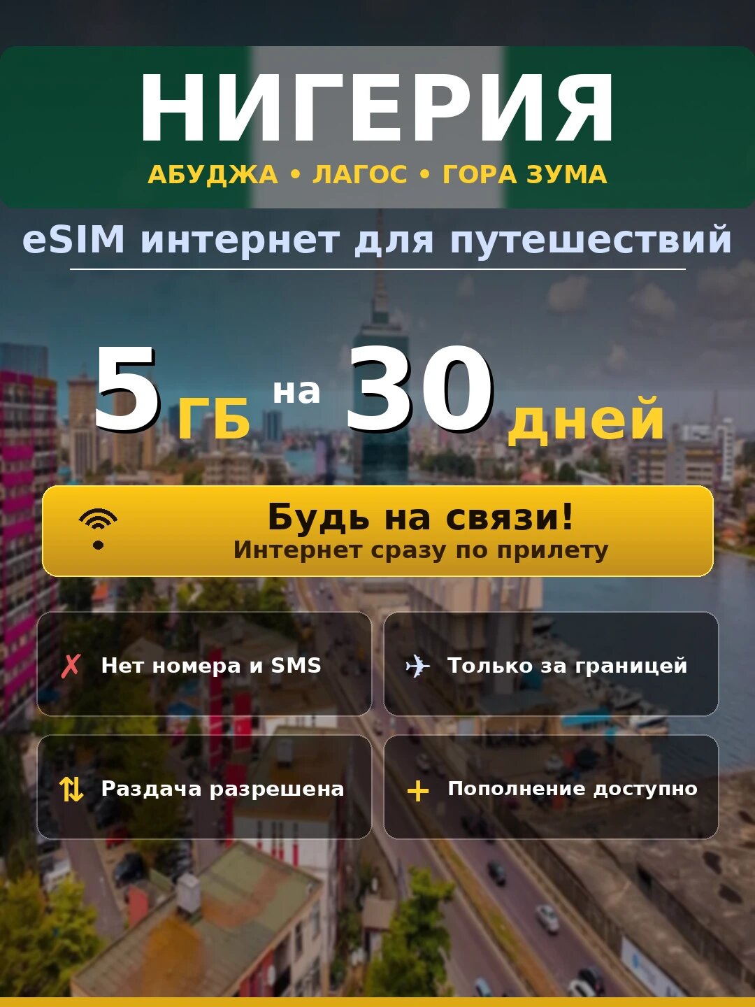 ESIM Нигерия — мобильный интернет 5 ГБ на 30 дней | виртуальная SIM-карта для путешествий