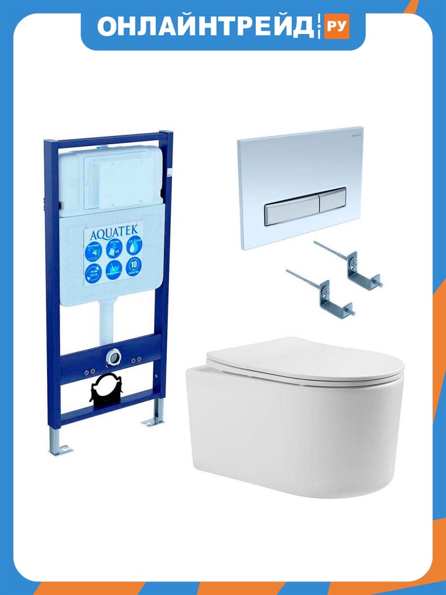 Унитаз с инсталляцией Aquatek SET МИЯ 4в1 (рама Standard INS-0000012+ кркпеж KKI-0000002+клавиша KDI-0000022+унитаз МИЯ AQ2004-00 с тонким сиденьем soft-close