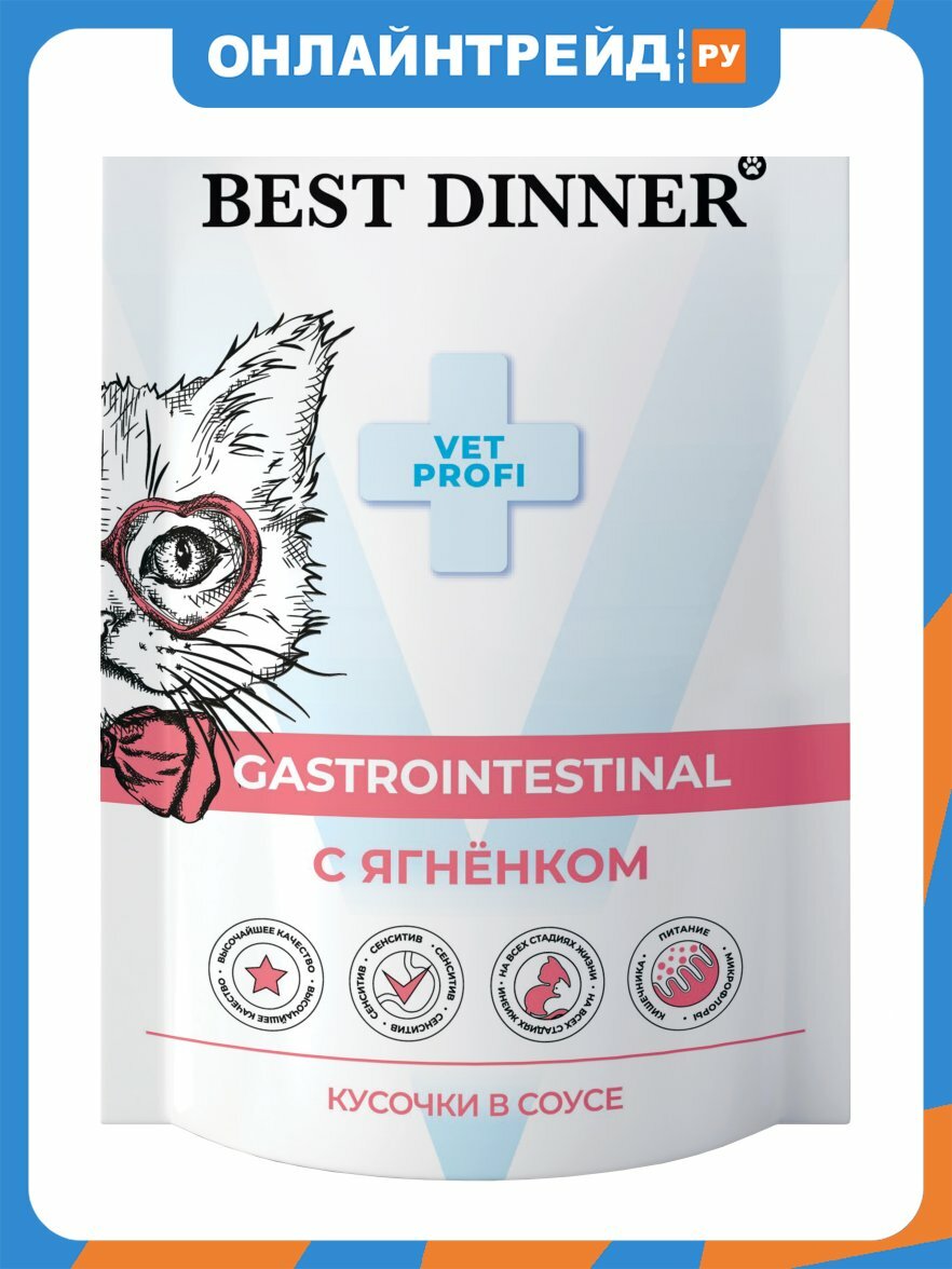 Корм влажный Best Dinner Vet Profi Gastro Intestinal для кошек, кусочки в соусе с Ягненком, 24шт х85 г.